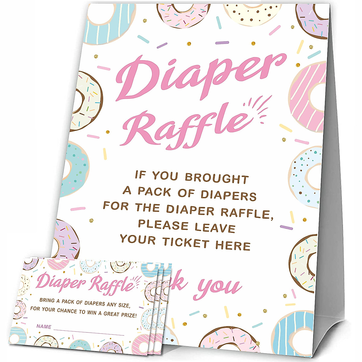 JCVUK Baby Shower Games, 1 Diaper Raffle Standing Sign with 50 Diaper Raffle Tickets,Donut Love Theme Babyshower Party Decorations and Supplies For Boys or Girls(LBLK-B09)