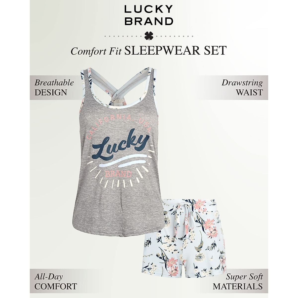 Lucky Brand Women's Pajama Set - 2 Piece Cross Back Tank Top and Sleep Shorts (S-XL), Size Large, GreyNanette Floral