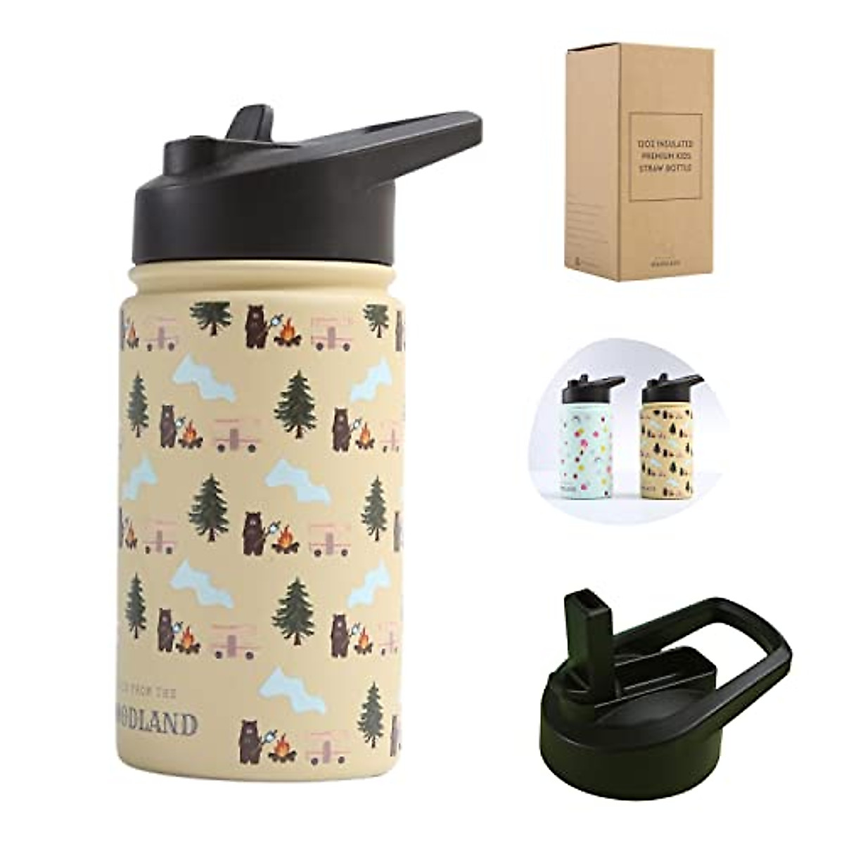 Kids Thermal Bottle with Straw Lid and Loop Cap, 12oz Premium Stainless Steel Water Bottle, Easy to Drink for Toddlers, Keeps Drinks Fresh for 12 Hours (Camping Bear)