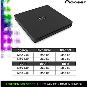 Pioneer BDR-XS07UHD 4K Blu-Ray Portable Burner & DVD Player - 6X Slim External BDXL, BD, DVD & CD Drive for Windows & Mac w/ 3.0 USB, CD Player, Write & Read on Laptop or Desktop w/ Carry Case (Black)