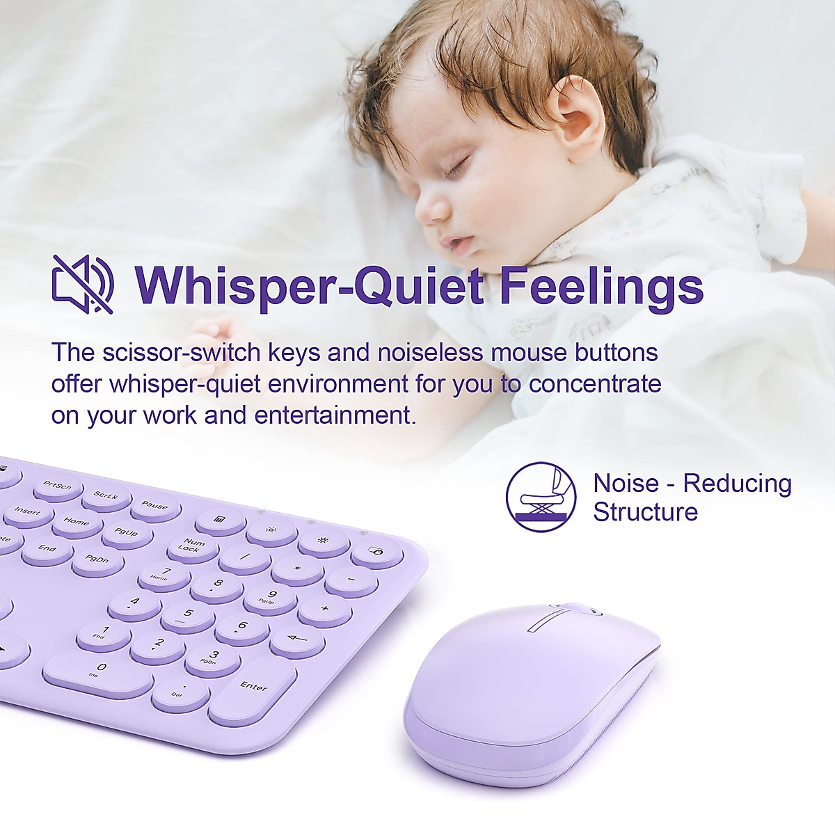 Mobifice Cute Keyboard and Mouse Wireless for PC Computer/Laptop/Windows/Mac/Tablets, Ultra-Thin 2.4GHz USB Cordless Full-Sized Silent Retro Computer Keyboard Mouse Combo (Purple)