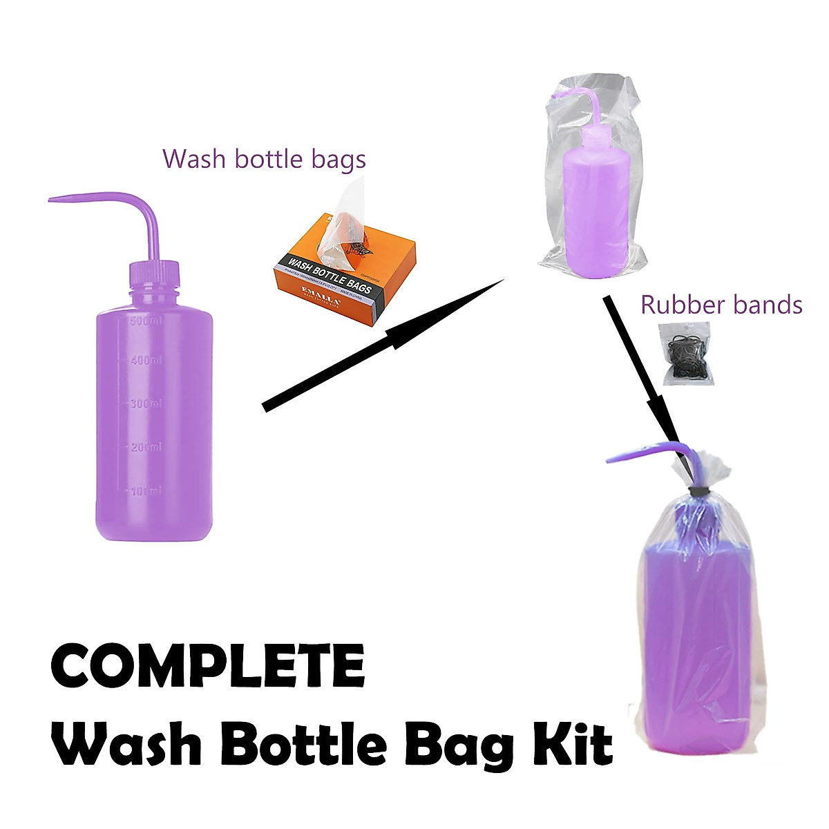 Miuxia Wash Bottle Bags Kit - 250Pcs Safety Wash Bottle Covers 2Pcs 500ml Tattoo Squeeze Bottle 300Pcs Rubber Bands Purple Wash Bottles Scale Labels Watering Tools for Medical Label Tattoo Supplies