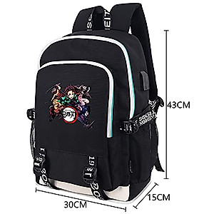 Roffatide Anime Demon Slayer Backpack for Boys Printed Schoolbag Laptop Rucksack with USB Charging Port & Headphone Port Black