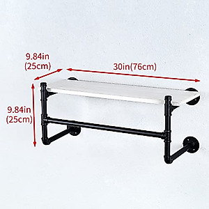 JIANZHUO Industrial Pipe Clothing Rack Wall Mounted with Wood Shelf,Rustic Retail Garment Rack Display Rack Cloths Rack,Pipe Shelving Floating Shelves