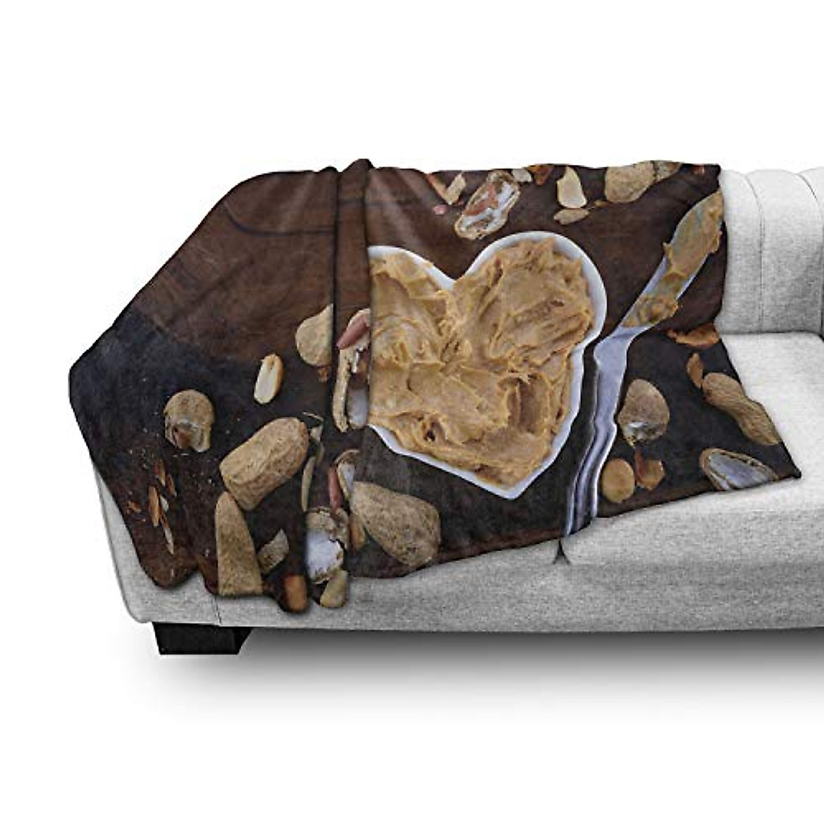 Ambesonne Peanut Butter Throw Blanket, Crunchy Peanut Butter in White Heart Shape Dish on Vintage Table, Flannel Fleece Accent Piece Soft Couch Cover for Adults, 50" x 70", Brown Pale Brown Grey