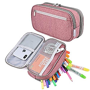 Chelory Pencil Case Big Capacity Pencil Bag Pouch 3 Comparments Large Pen Case Holder Makeup Bag for Adults Office Desk Supplies Stationery Organizer, Light Red