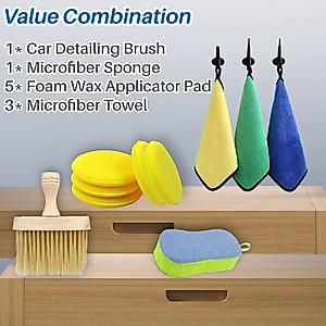 Kalevel 10 Pcs Car Detailing Brush Interior Car Wash Towel Microfiber Car Wash Sponge and Foam Wax Applicator Pad Kit Non Scratch for Vents