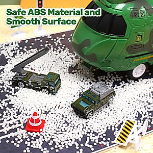 CUTE STONE 2-in-1 Amy Helicopter Toys, Boys Military Toy Friction Powered Helicopter w/Electric Rubber Propeller, Realistic Light & Music, Mini Vehicles, Traffic Road Signs, Vehicle Toy Set for Kids