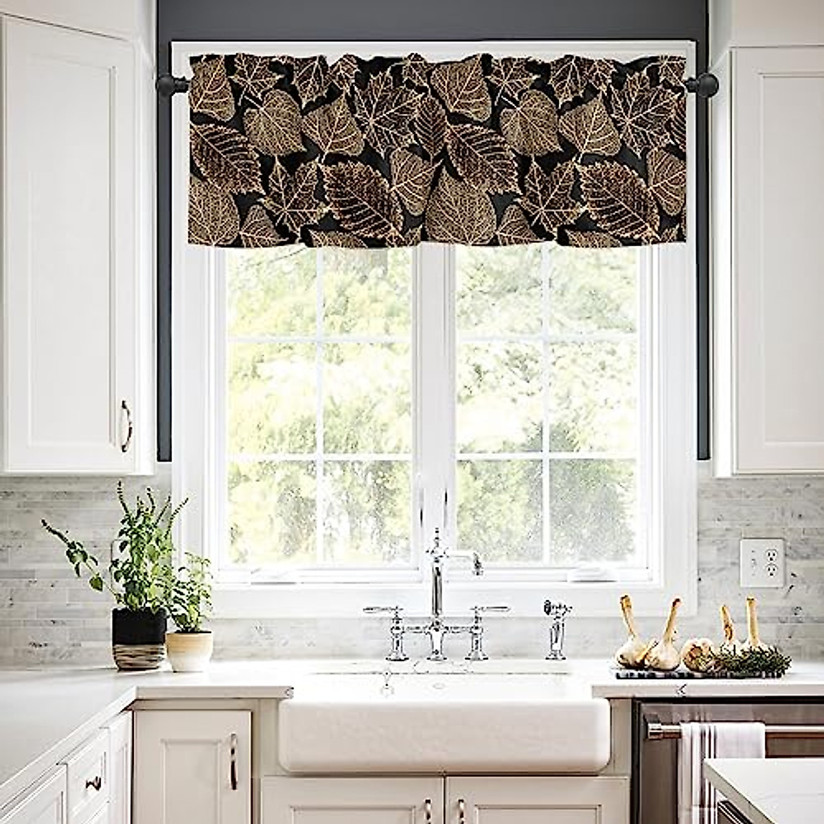 Thanksgiving Fall Valance Curtains for Living Room/Bedroom/Bathroom/Kitchen Window,Rod Pocket Tiers Small Curtain Drape Window Panel Treatment,Gold Autumn Maple Leaves Black Backdrop Valance 54"x18"