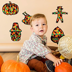 Gueevin 18 Sets Thanksgiving Stained Glass Effect Paper Suncatchers Thanksgiving Suncatcher Kit DIY Suncatcher Paper with tissue paper and glue sticks for Children Window Classroom Arts and Crafts