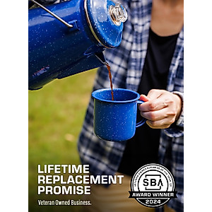 COLETTI Classic Camping Coffee Pot & Enamel Mug Set — Percolator Coffee Pot, Enamel Coffee Mug – Complete Nostalgic Bundle – German Imported Enamel Powder [12 oz, Set of 4] (Blue)