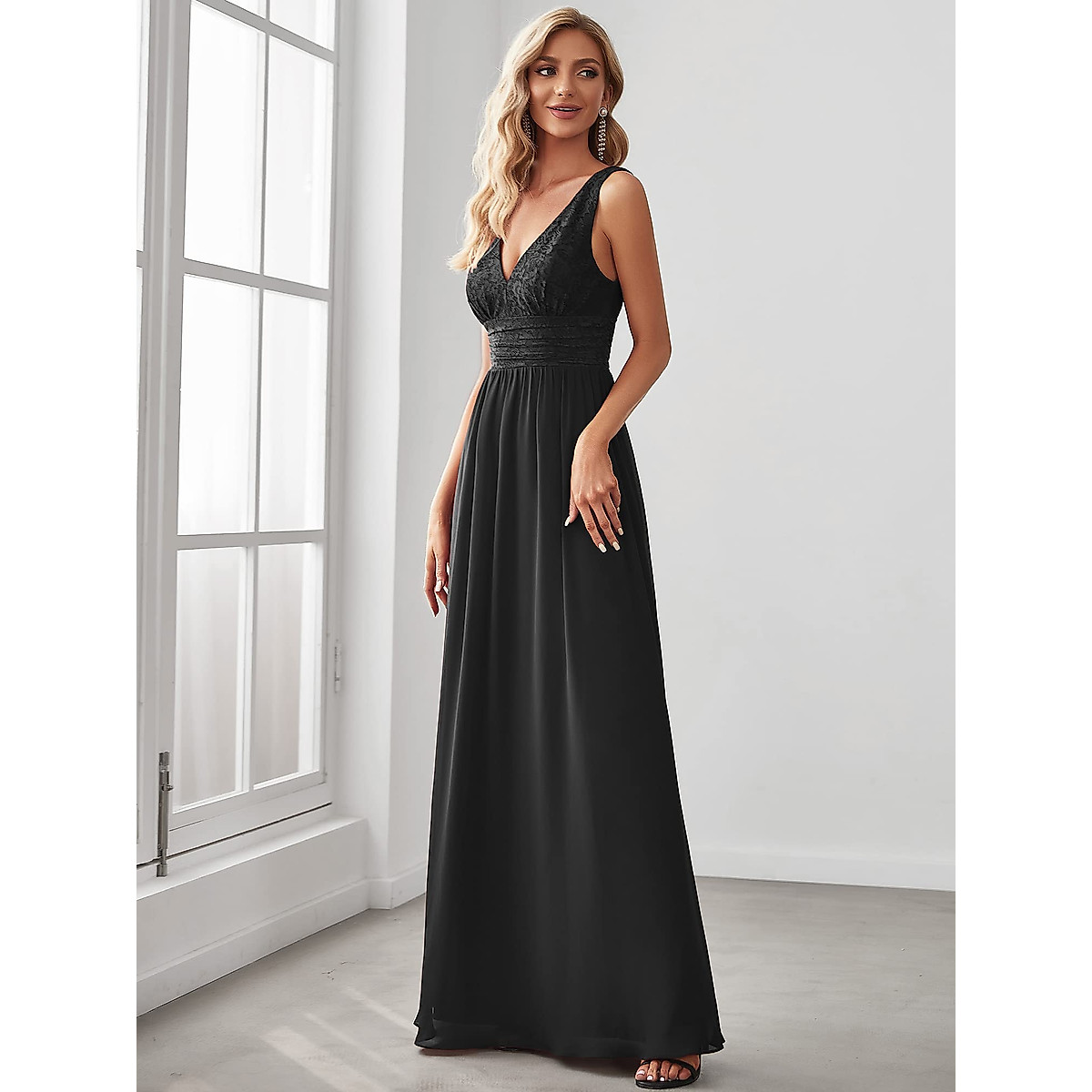 Ever-Pretty Double V-Neck Sleeveless Empire Waist Chiffon Formal Dresses for Evening Party Black US16