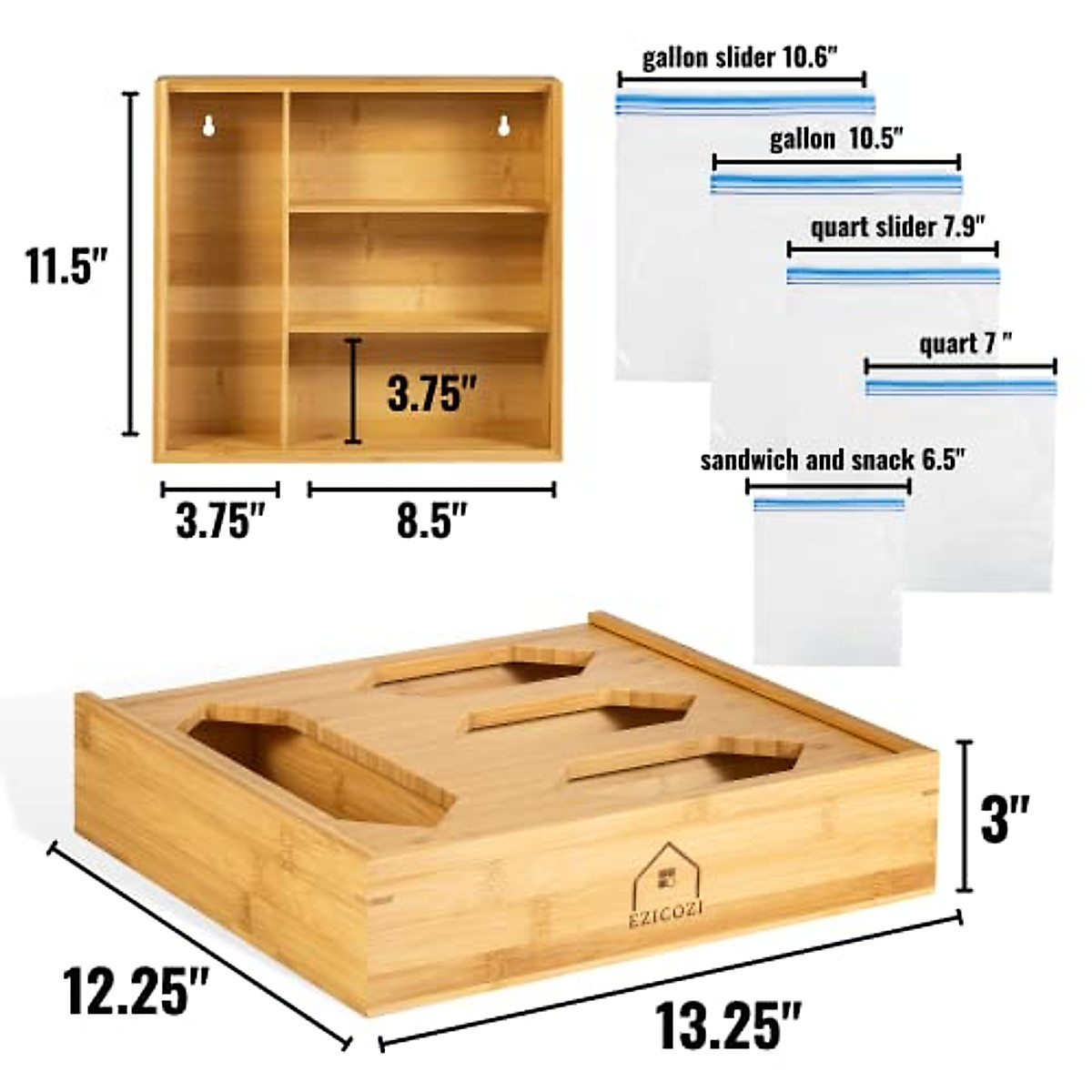 EZICOZI Durable Storage Solution with Kitchen Drawer Organizer - Durable Bamboo Material, 4 Storage Compartments, For Ziplock Gallon, Snack, Sandwich, and Quart Bags, Complete with Label Stickers