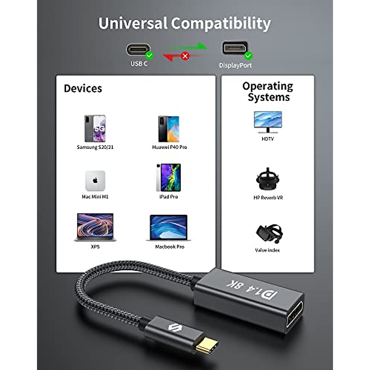 Silkland USB C to DisplayPort 1.4 Adapter 0.66FT [8K@60Hz, 4K@144Hz 120Hz, 2K@240Hz], 5K Type C to DP 1.4 HDR, Thunderbolt 4/3 to Display Port Adapter Compatible with MacBook Pro, Reverb G2, Dell XPS