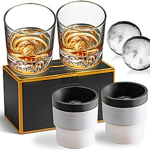 Whiskey Gifts for Men, 11 Oz Eagle Pattern Whiskey Glasses Set of 2 & Large Ice Ball Molds Set of 2 - Thick Base Rocks Glass for Bourbon Cocktails, Dad Husband Gift From Wife Daughter Son Kids