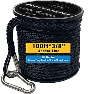 100 FT Double Braided Nylon Boat Anchor Rope 3/8inch with 316 Stainless Steel Thimble and Heavy Duty Snap Hook Marine Grade Anchor line Black