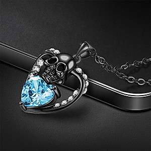 GTISKL Gothic Skull Punk Birthstone Birthday Pendant Necklace For Women Heart purple Red crystal Zircon Christmas Valentine's Mother's Day Jewelry Gifts (Heart-3-March-Sea Blue)