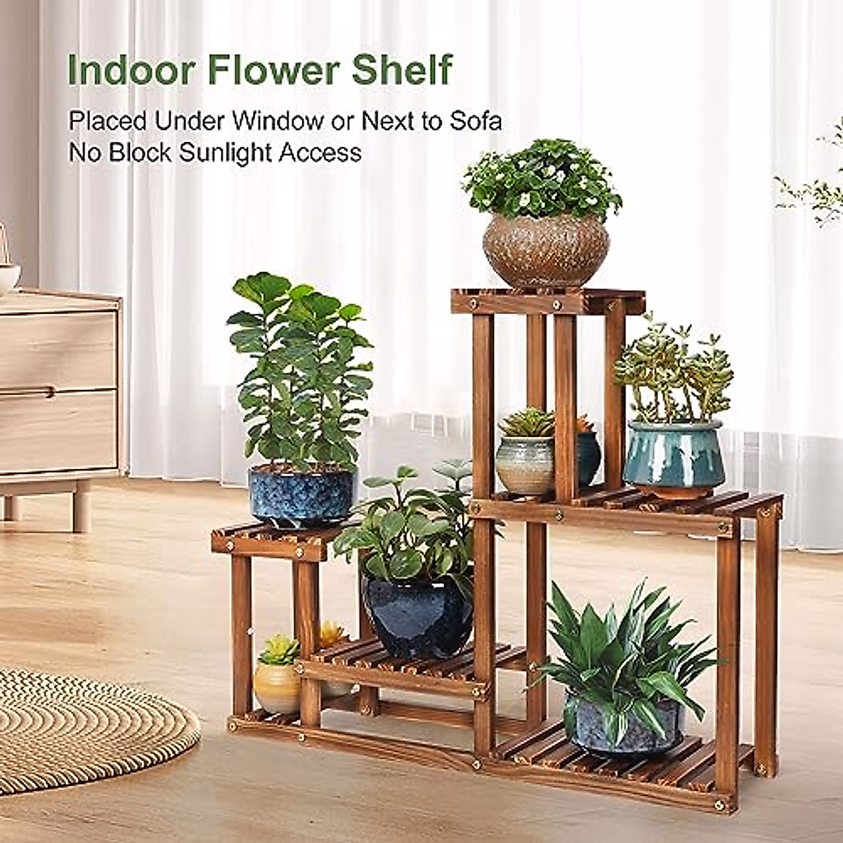 COOGOU Pine Wood Plant Stand Indoor Outdoor Multi Layer Flower Shelf Rack Higher and Lower Plant Holder in Garden Balcony Patio Living Room (4 Tiers )