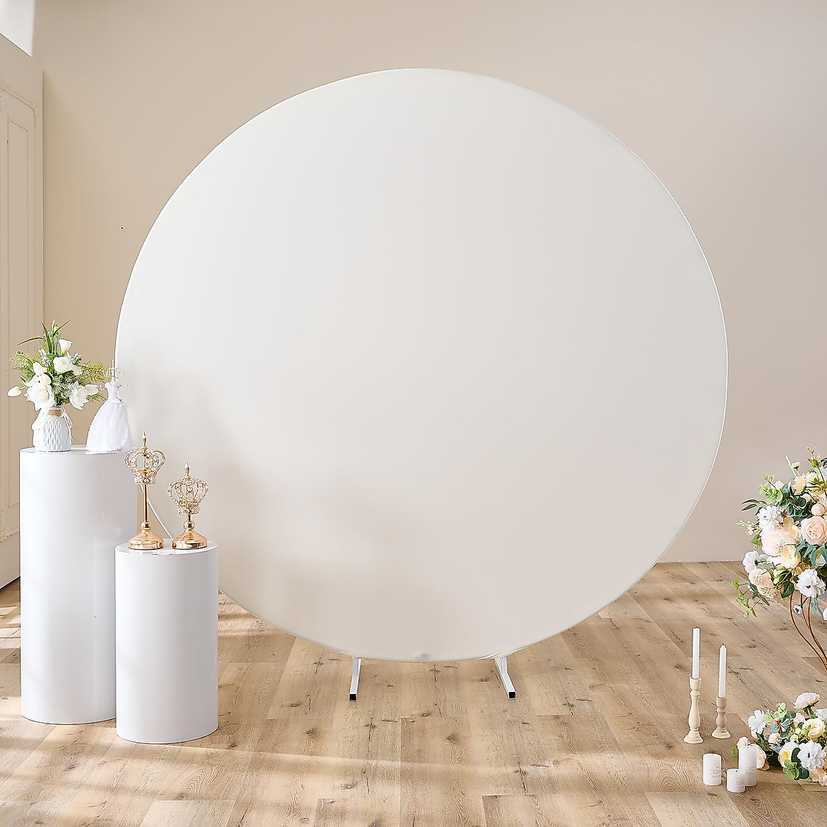 7.2ft Ivory Round Backdrop Cover for 7ft / 7.2ft Circle Stand, Wrinkle Free Stretchy Circle Arch Round Backdrop Cover for Party Wedding Birthday Baby Shower Photography