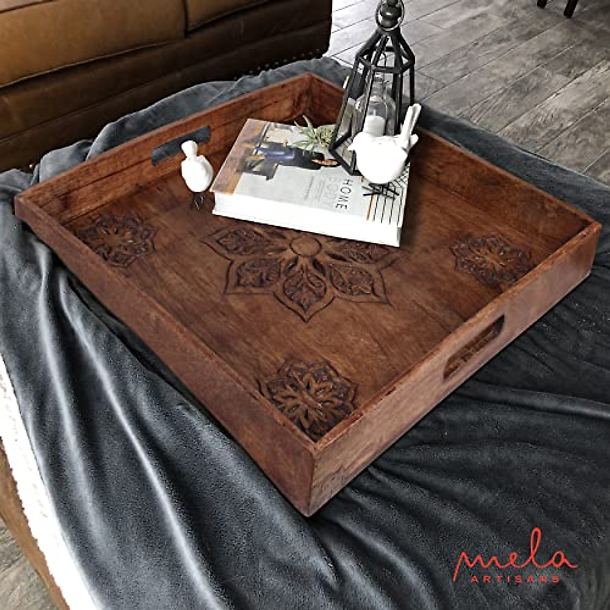 Mela Artisans TV Ottoman Wooden Serving Tray - Medium Polish | Decorative Mango Wood | Rustic Farmhouse Decor | Use to Serve Breakfast in Bed | Transports Food, Coffee and Tea | 19" x 19” x 2.5”