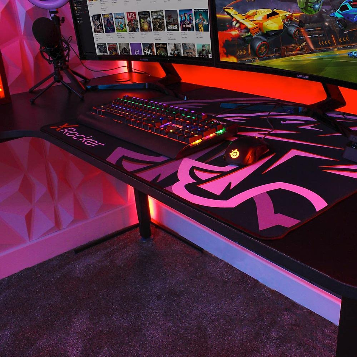 X Rocker Panther XL Left Corner Gaming Desk with Free Large Mousepad Included, Ultra Wide Left-Hand Corner Computer Table, Grey Carbon Fibre Effect and Cable Management