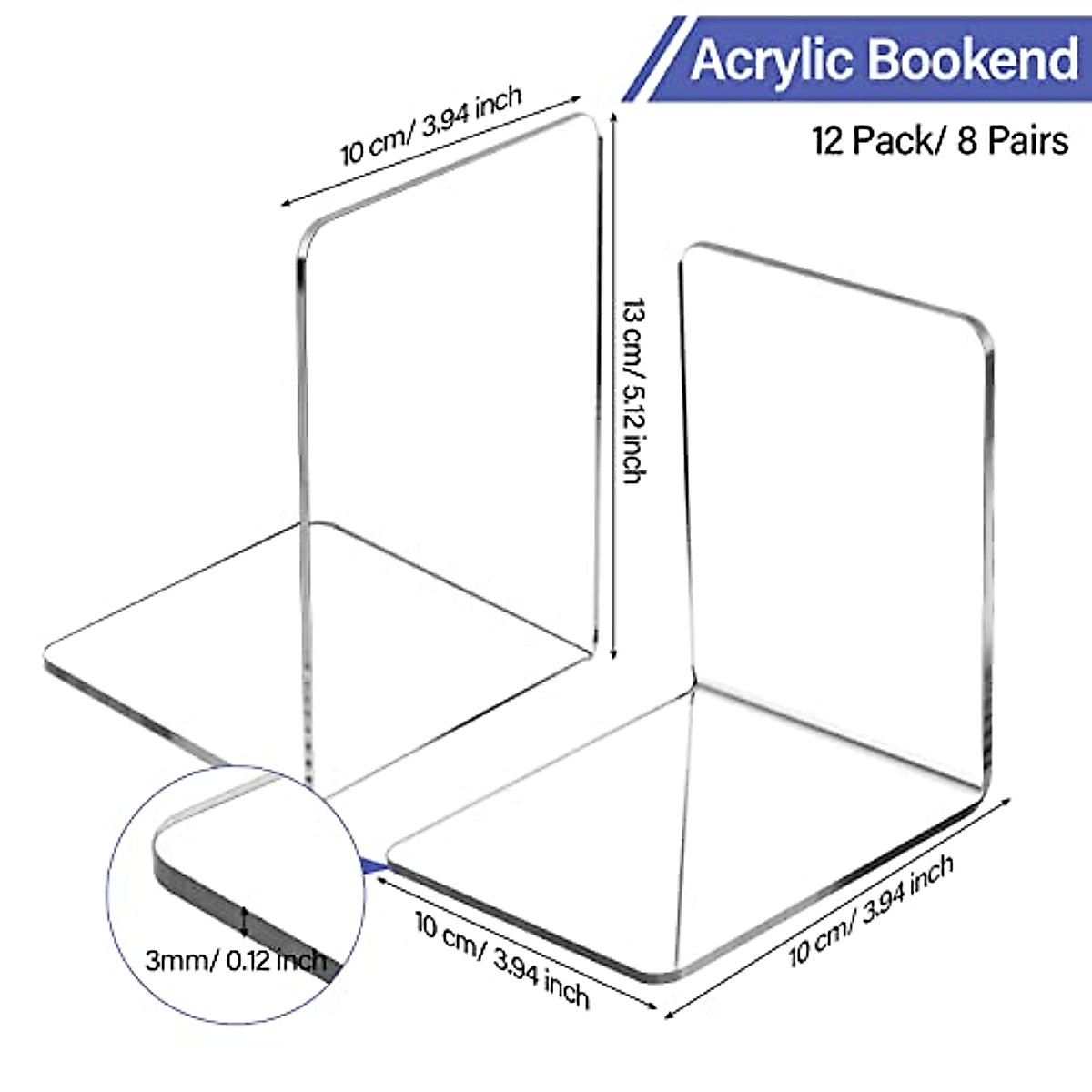 Eaasty 12 Pcs/ 6 Pairs Book Ends Clear Acrylic Bookends for Shelves Heavy Duty Book End Desktop Organizer Bookshelf L Shaped Dividers Book Stopper for School Office Home Library Book File Movies CD