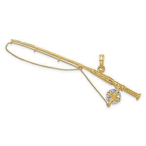 Auriga Fine Jewelry 14k Gold Rhodium 3-D Fly Rod Fishing Pole Charm, (L- 18.3 mm, W- 64.25 mm) Gift for Women