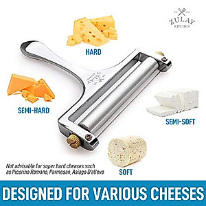 Zulay Cheese Slicer With Adjustable Thickness - Wire Cheese Slicer For Mozzarella Cheese, Cheddar Cheese, Gouda Cheese - Cheese Slicers For Block Cheese Heavy Duty With 2 Extra Wires (Silver)