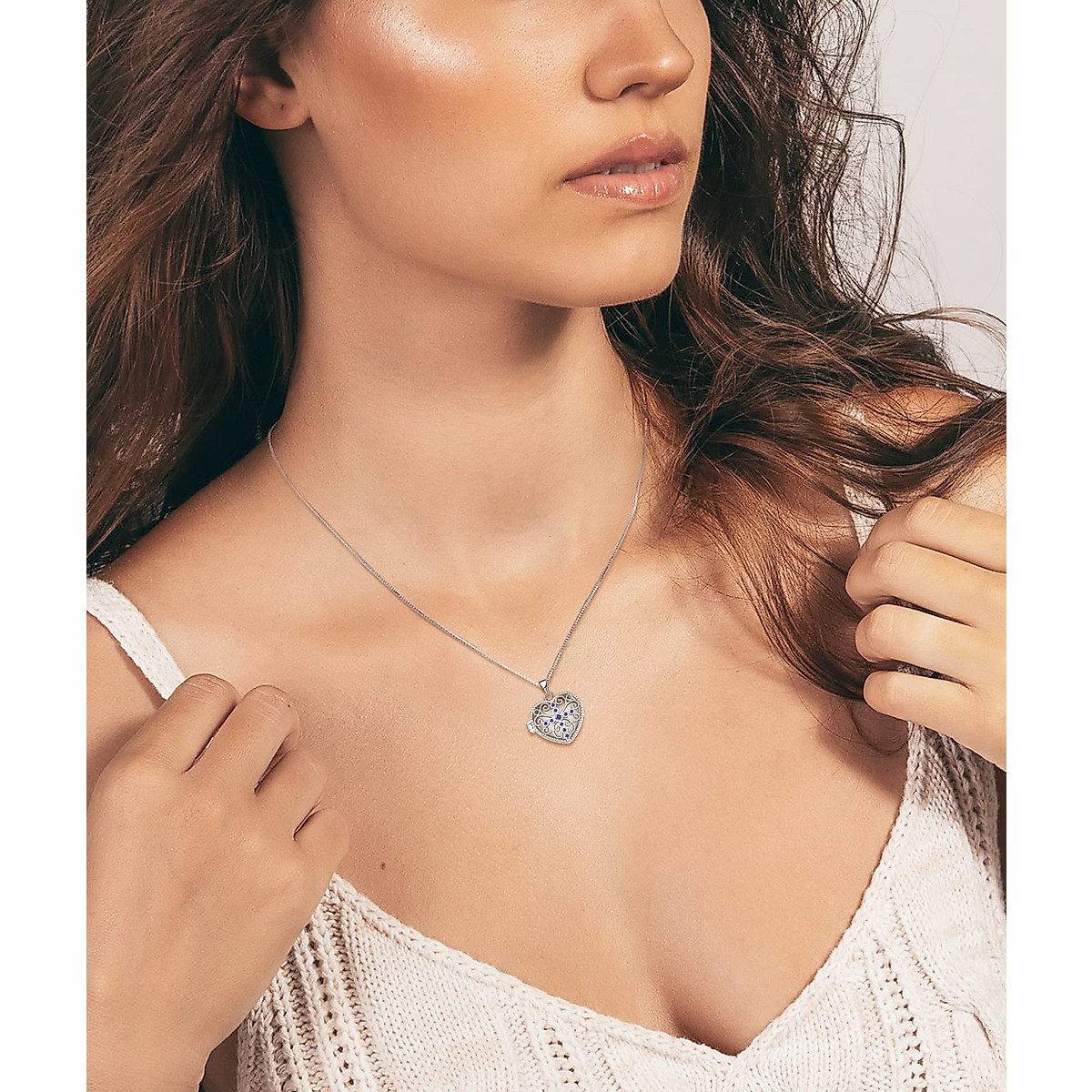 YL Cross Locket Necklace Sterling Silver Heart Pendant Created Tanzanite Filigree Jewelry for Women