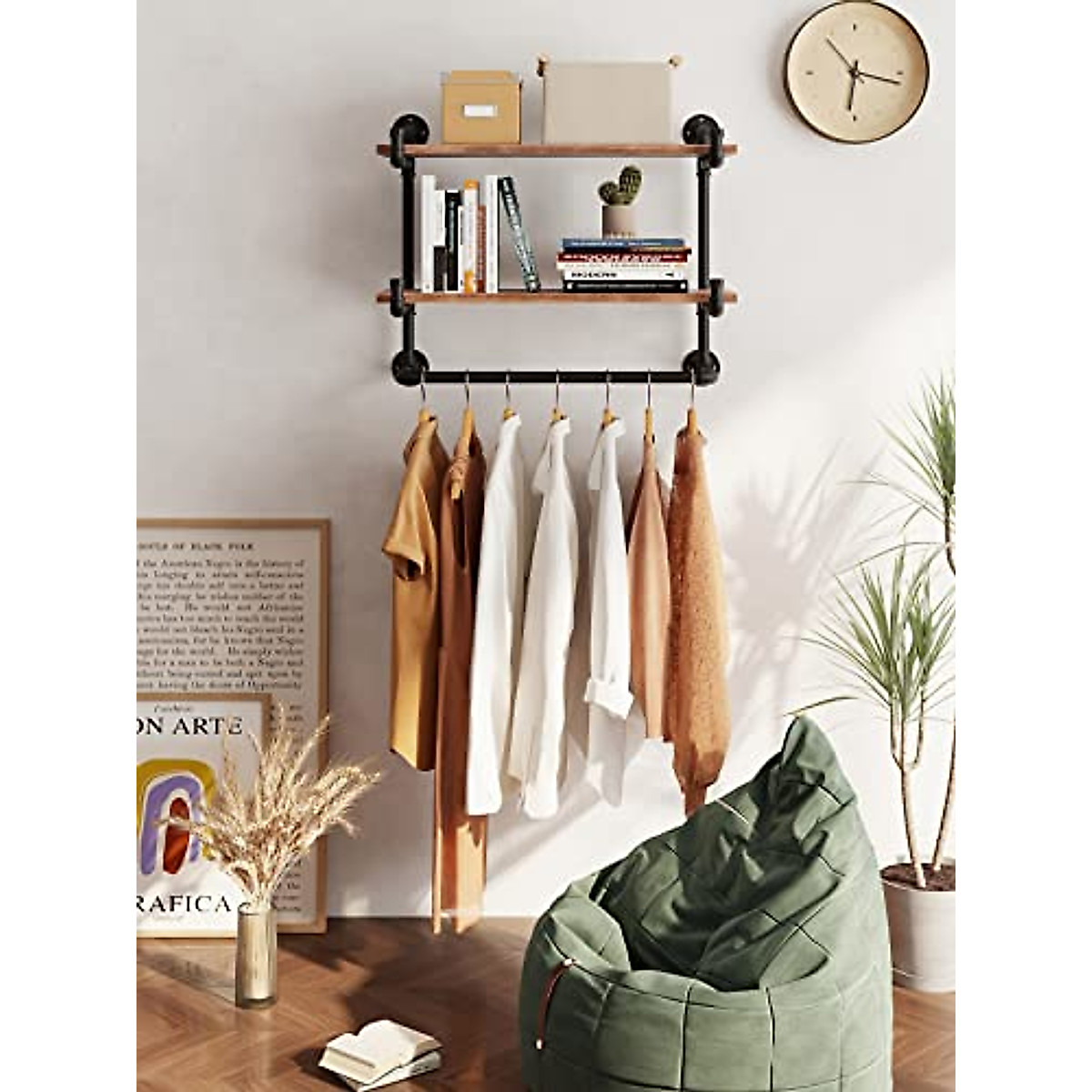 TEDIDUWA 30in Industrial Pipe Clothing Rack,2-Tier Wall Mounted Clothes Rack, Pipe Clothing Rack with Shelf, Wall Hangers for Clothes, for Bedroom, Laundry, Living Room, Retail Store