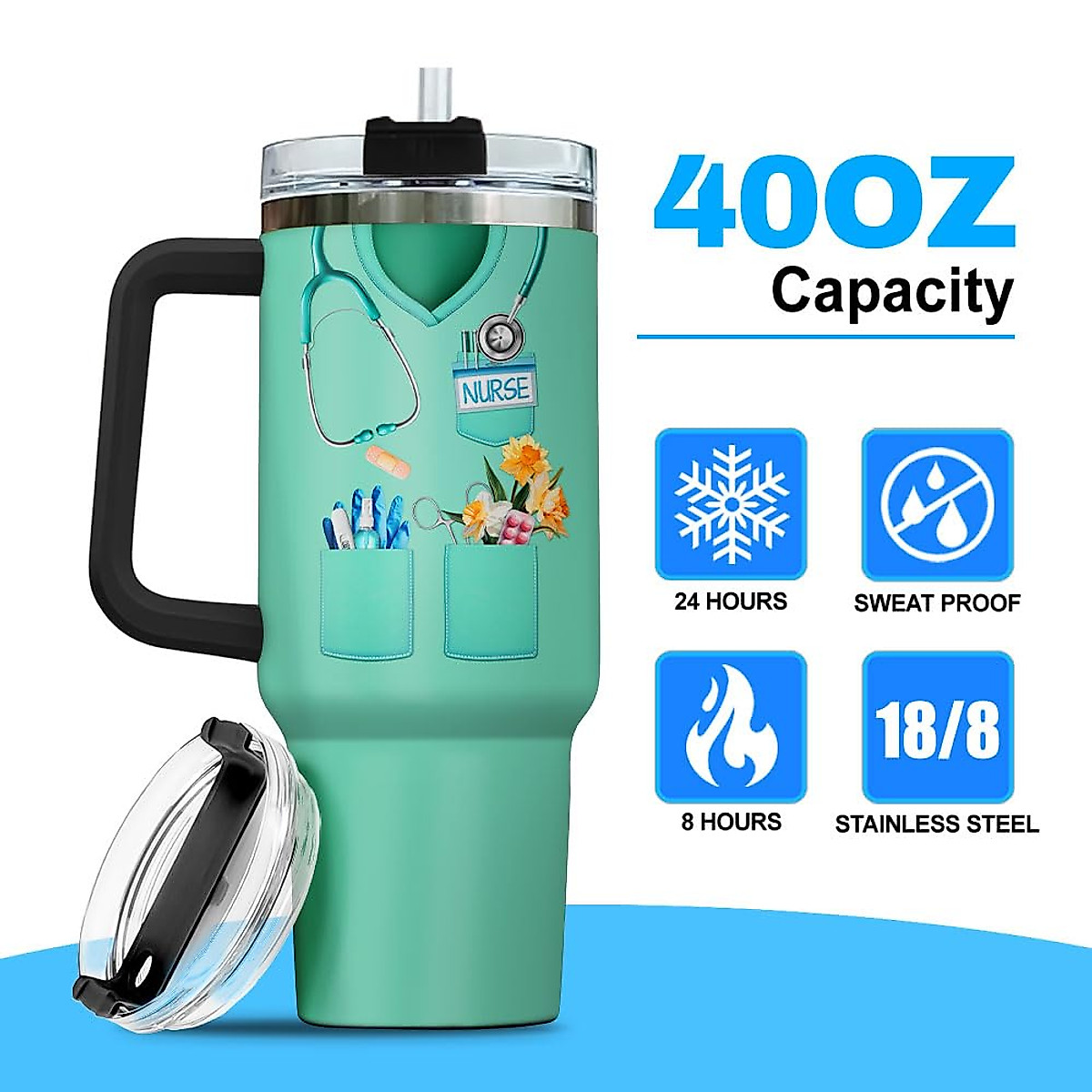 99OWL Cups Blue Light Er Engraved Straws Student Navy School Handle Funny Nursing, Nurse Gifts, Tumbler 40 Oz With Handle Lid And Straw, Nurse Life Shirt Pattern Nutrition Facts