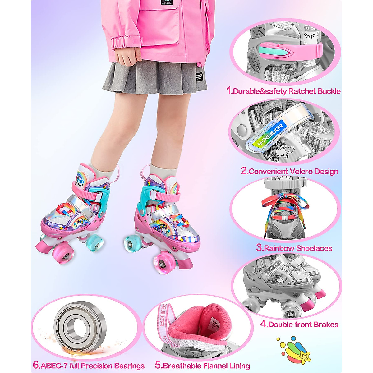 Rainbow Unicorn Kids Roller Skates for Girls Boys Toddler Ages 2-4,4-Pejiijar Adjustable Roller Shoes with Luminous Wheels for Birthday Xmas Gifts.