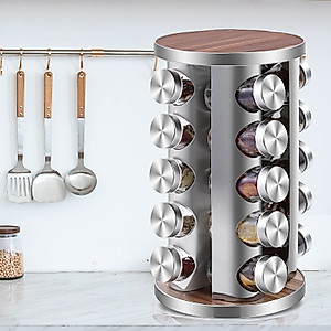 Rotating Spice Rack Organizer for Cabinet, 20 Jars Revolving Seasoning Organizer for Kitchen, Stainless Steel Spice Tower for Countertop with Reuseable Labels and Funnel
