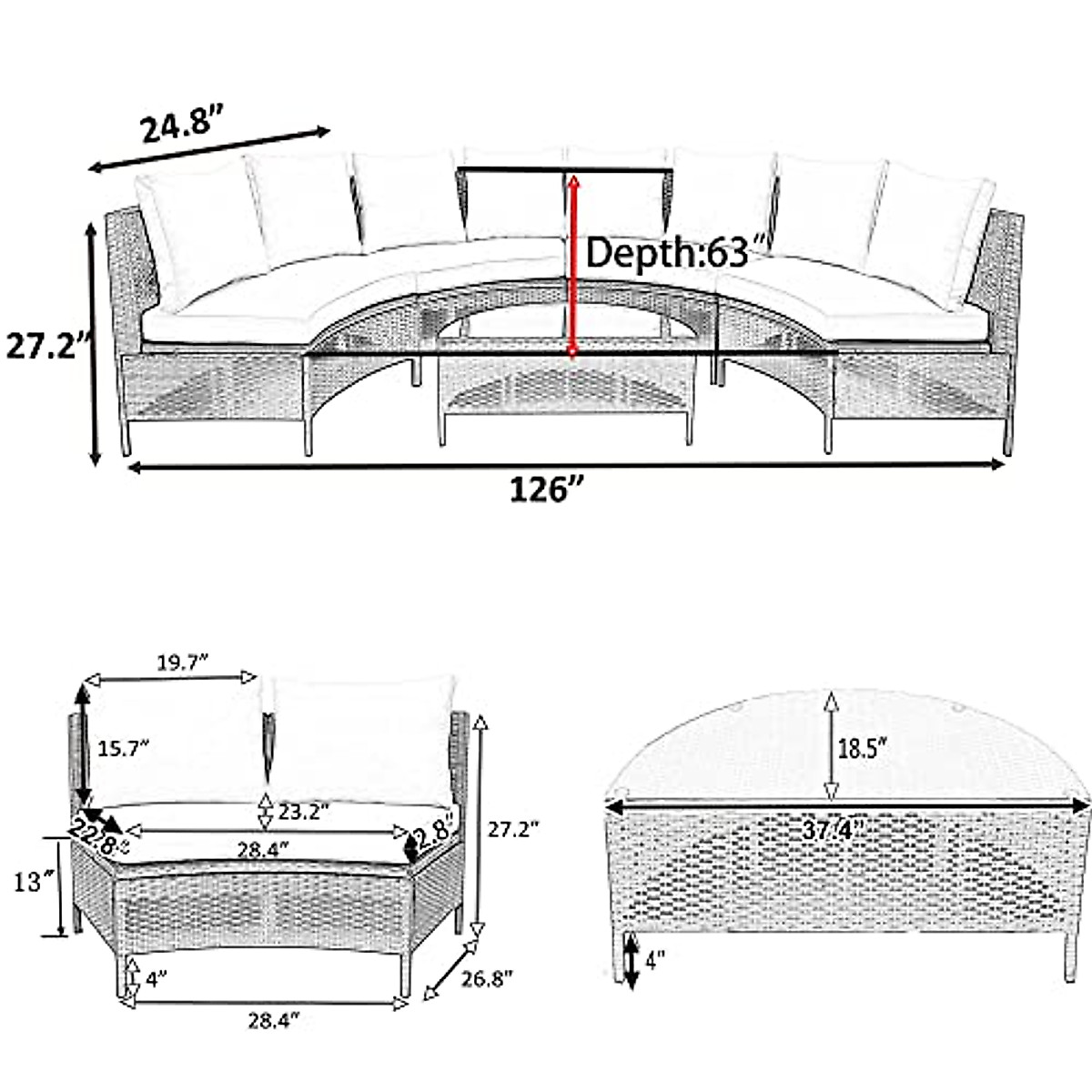 Rhomtree 5-Piece All-Weather Outdoor Sectional Sofa Set Half-Moon Wicker Conversation Set with Beige Cushions & Tempered Glass Coffee Table, Brown PE Rattan Wicker Sofa (Gray)