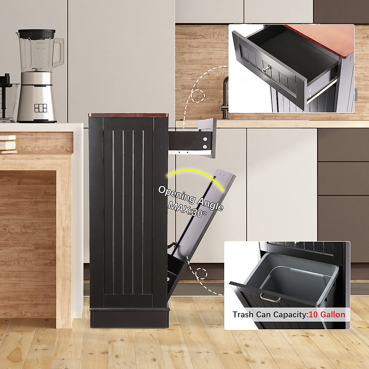 TOLEAD Tilt Out Trash Cabinet,Antique-Style Beadboard Kitchen Island with Solid Wood Tabletop & Drawer, Pet Proof Trash Can, Wood Laundry Cabinet (Single Black)