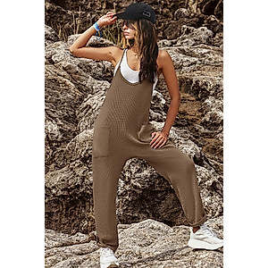 Nirovien Womens Waffle Knit Jumpsuits Oversized One Piece Romper Sleeveless Onesie with Pockets Fall Overalls(Dusty Khaki,L)