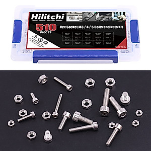 Hilitchi 510pcs M3 M4 M5 Stainless Steel Hex Socket Head Cap Bolts Screws Nuts Assortment Kit - 304 Stainless Steel (Hex Socket)