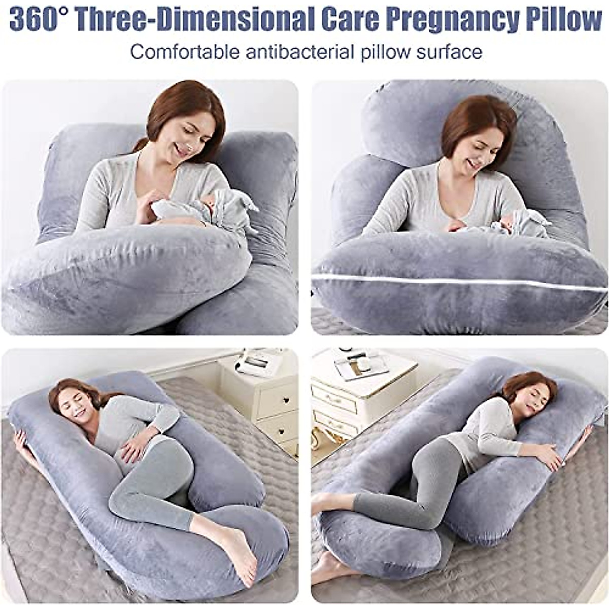 TREE.NB Pregnancy Pillows, U Shape Polyester Maternity Pillow for Pregnant Women Body Feeding Support,with Grey Velvet Cover, Support Pillow with Removable Washable Pillowcase 63''x37.4''x27.5''