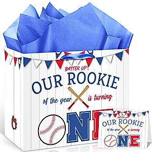 Large Baseball 1st Birthday Gift Bags with Card Tissue Paper 1st Birthday Gift Wrapping Bags Rookie of The Year Baseball First One Year Old Birthday Decorations Boys Girls Christmas Baby Shower Sport Party Supplies