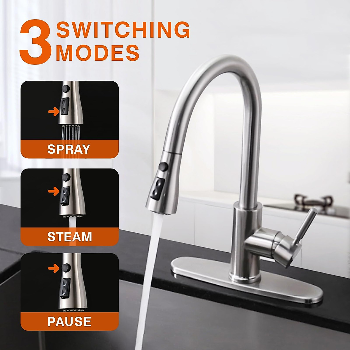 RULIA Brushed Nickel Kitchen Faucet, Kitchen Sink Faucet, Sink Faucet, Pull-Down Kitchen Faucet, Bar Kitchen Faucet, RV Kitchen Faucet, RB1040