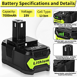BiBiSi 2 Pack 7.0Ah 18V Replacement Battery for Ryobi 18V Battery, Lithium-Ion Battery Compatible with Ryobi ONE+ 18V P108 P102 P103 P104 P105 P107 P109 P190 P122