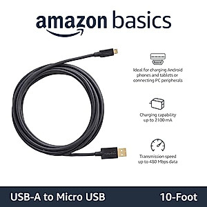 Amazon Basics USB-A to Micro USB Fast Charging Cable, 480Mbps Transfer Speed with Gold-Plated Plugs, USB 2.0, 10 Foot, Black