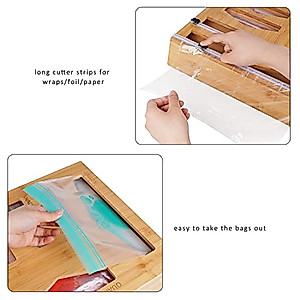Space.M8 Bamboo Ziplock Bag Storage Organizer, Foil and Plastic Wrap Dispenser with Cutter, for Gallon Quart Sandwich Snack Pint Variety Size Bag & 12” Roll, Suitable for Quart Slider Bag