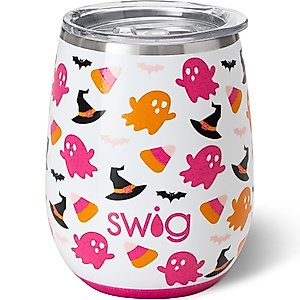 Swig Life 14oz Insulated Wine Tumbler with Lid | Discontinued Prints | Dishwasher Safe, Holds 2 Glasses, Stainless Steel Outdoor Wine Glass (Hey Boo)