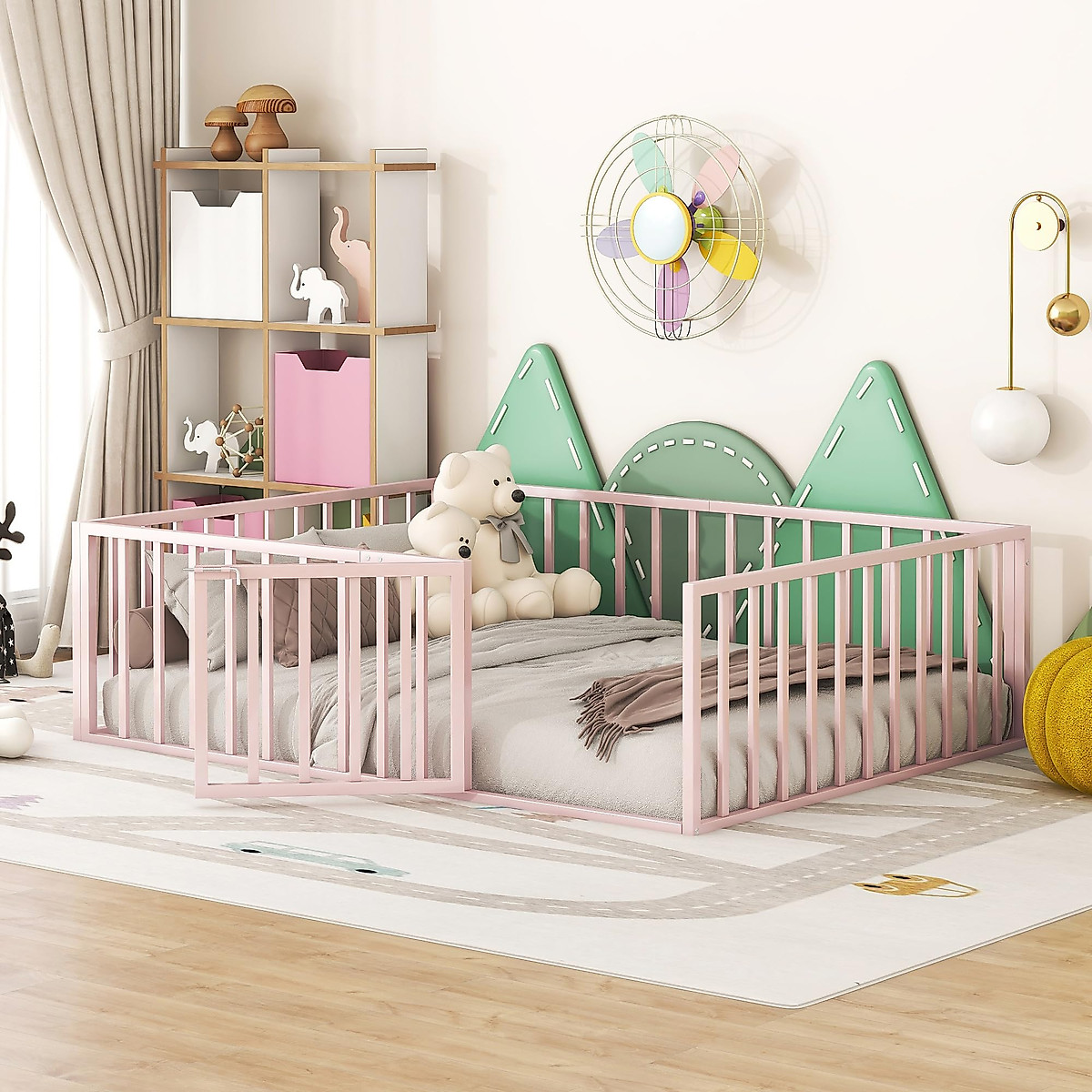 Merax Full Size Metal Floor Bed Frame with Safety Guardrails Fence and Door for Boys,Girls,Teens,Pink