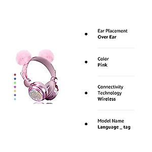 KORABA Wireless , LED Light up Color Changing Girls Bluetooth Headsets with MIC, 10 Hours 5.0 Bluetooth Headphones for School, Christmas (Pink)