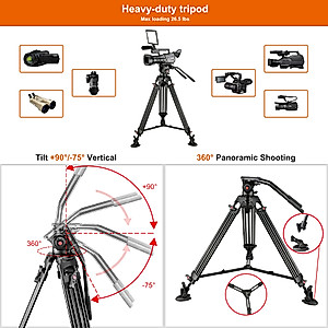 MagicLine 65.7 inch Heavy Duty Aluminum Video Camera Tripod with Fluid Head, 2 Pan Bar Handles, Adjustable Mid-Level Spreader，QR Plate, Max Load 26.5 LB for Canon Nikon Sony DSLR Camcorder Cameras