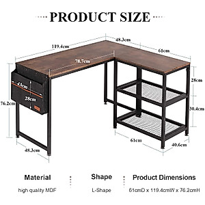 VECELO L Shaped Computer Desk with Storage Bag & Reversible Shelves, 47" PC Wooden Table for Home Office Bedroom, Writing Study Workstation with Metal Frame, Brown
