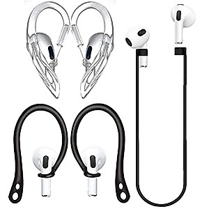 JNSA [Never Lose Your Air Pods Pro] Anti Slip Set, Sport Regular Ear Hook + Multi-Angle Adjustment Ear Hooks (Clear) + Strap,Compatible with AirPods 3 [3in1],(Clear-Black3)