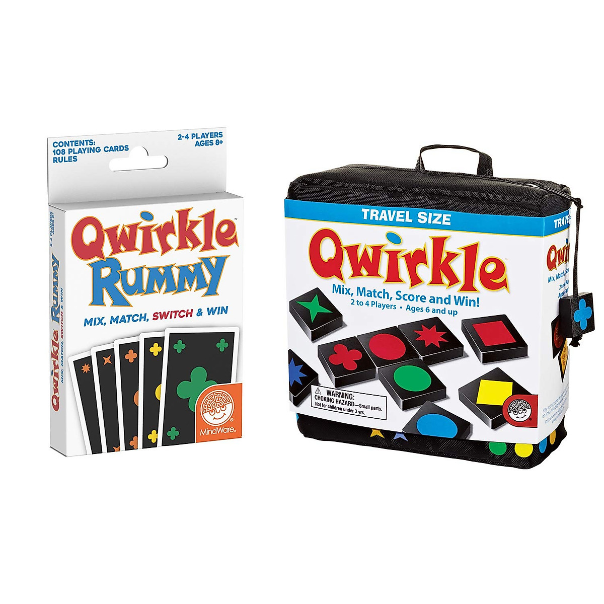 MindWare Qwirkle Strategy Games Pack of 2 – Travel Games Kit Includes Qwirkle Travel and Qwirkle Rummy - Ages 6 and Up